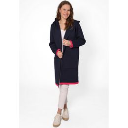 Strickjacke Zwillingsherz "Mona", Damen, Gr. S/M, blau (navy), Strick, Obermaterial: 50% Viskose, 27% Polyester, 23% Nylon, unifarben mit Farbeinsatz, loose fit ca. Mitte Knie, tiefer V-Ausschnitt, kontrastfarben, Strickjacken Strickjacke, Kapuze, Taschen, Kontrast-Kanten, Langarm, ohne Verschluss