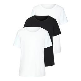 Damen T-Shirt "mit modischem Schlitz am Saum", schwarz-wei&szlig;, Basic, Gr. 32, BEACHTIME BY LASCANA, unifarben, Single Jersey, Obermaterial: 100%