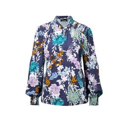 Schlupfbluse GOLDNER "Florale Viskosebluse mit Stehkragen", Damen, Gr. 50, blau (dunkelblau, gemustert), Obermaterial: 100% Viskose CV., figurumspielend, Gummib&uuml;ndchen, Blusen Schlupfbluse, Smokb&uuml;ndchen