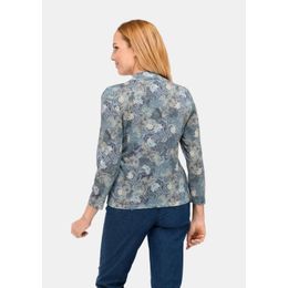 Rundhalspullover GOLDNER "Kurzgr&ouml;&szlig;e Floraler Strickpullover mit Stehkragen", Damen, Gr. 21, blau (rauchblau, gemustert), Obermaterial: 65% Polyester PES. 35% Viskose CV., eng, Pullover Rundhalspullover, hoher Baumwollanteil
