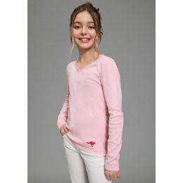 Langarmshirt Kangaroos "Kangaroos Shirt aus Rippware mit Spitzenkante", M&auml;dchen, Gr. 140/146, rosa, Rippware, Obermaterial: 100% Baumwolle. Spitze: 95% Polyester, 5% Elasthan, bestickt, unifarben, Basic, V-Ausschnitt, Shirts Langarmshirt, V-Ausschnitt mit Spitze, unifarben, mit Logostickerei