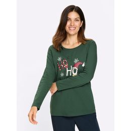 Langarmshirt Classic Basics "Rundhals-Shirt", Damen, Gr. 38, gr&uuml;n (moos, wei&szlig;), 100% Baumwolle, bedruckt, gemustert, Rundhals, Shirts Langarmshirt