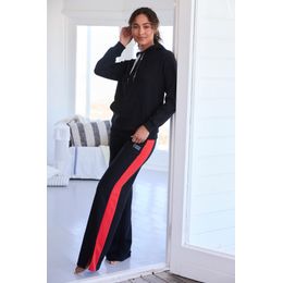 Loungehose BENCH. LOUNGEWEAR, Damen, Gr. 32/34, N-Gr, schwarz, Sweatware, Obermaterial: 60% Baumwolle, 40% Polyester, unifarben mit Farbeinsatz, bequem lang, Hosen Loungehose, mit Seitenschlitzen am Beinsaum und Silikon Logo Badge, Loungewear