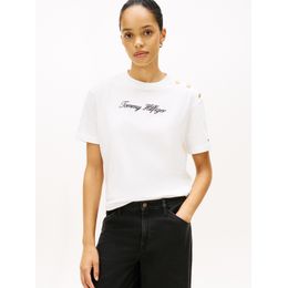 Kurzarmshirt Tommy Hilfiger "GOLD BTN SCRIPT MDRN SS TEE", Damen, Gr. M (38), ecru, Single Jersey, Obermaterial: 100% Baumwolle, bedruckt, regular fit, Rundhals, Shirts Kurzarmshirt, mit goldfarbenen Kn&ouml;pfen