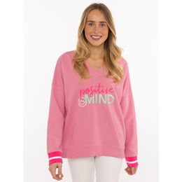 Hoodie Zwillingsherz "Positive Mind", Damen, Gr. S/M, mittelpink, Sweatware, Obermaterial: 50% Baumwolle, 50% Polyester, bequem h&uuml;ftlang, V-Ausschnitt, Sweatshirts Hoodie, neonfarbenen B&uuml;ndchen, V-Ausschnitt, Seitenschlitze, Langarm