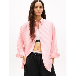 Langarmbluse Tommy Jeans "TJW OVS POPLIN SHIRT", Damen, Gr. XL (42), tropical blush, stripe, Web, Obermaterial: 65% Baumwolle, 35% Nylon, gestreift, regular fit normal, Manschette, Blusen Langarmbluse, mit modischen Streifen