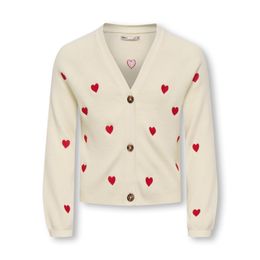 Strickjacke KIDS Only "KOGDANA LIFE LS HEART VNECK CARDIGAN KNT", M&auml;dchen, Gr. 134/140, tofu detail:emb barbados cherry, heart, Strick, Obermaterial: 50% Viskose, 27% Nylon, 23% Polyester, bestickt, unifarben, loose fit normal, V-Ausschnitt, Raglan&auml;rmel Strickb&uuml;ndchen, Strickjacken Strickjacke