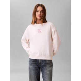 Sweatshirt Calvin Klein Jeans, Damen, Gr. S (38), wei&szlig; greige, Sweatware, Obermaterial: 86% Baumwolle, 14% Polyester, unifarben, regular fit kurz, Rundhals, eingesetzt Rippstrickb&uuml;ndchen, Sweatshirts Sweatshirt, Regular fit mit Rundhalsausschnitt