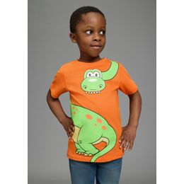 T-Shirt Kidsworld "Mit gro&szlig;em Druck: GREEN DINO", Jungen, Gr. 92/98, orange, Jersey, Obermaterial: 100% Baumwolle, bedruckt, Basic, Rundhals, Shirts T-Shirt, Kurzarm, Basic-Passform, bedruckt, Rundhalsausschnitt