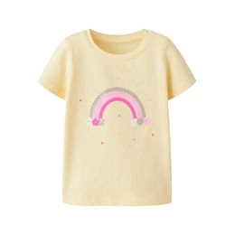 T-Shirt name it "NMFDOTTAS SS TOP", M&auml;dchen, Gr. 122/128, pear sorbet, Jersey, Obermaterial: 95% Baumwolle, 5% Elasthan, normal normal, Rundhals, Shirts T-Shirt