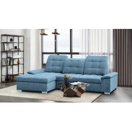 Ecksofa WERK2 "Carmen, mit Bettfunktion & Bettkasten, optional Sitztiefenverstellung", blau (hellblau), B:264cm H:105cm T:170cm, 95% Polyester, 5% Nylon, Sofas, Ecksofa, mit Sitztiefenverstellung, Struktur weich, hellblau