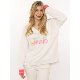 Hoodie Zwillingsherz "Positive Mind", Damen, Gr. S/M, wei&szlig;, Sweatware, Obermaterial: 50% Baumwolle, 50% Polyester, bequem h&uuml;ftlang, V-Ausschnitt, Sweatshirts Hoodie, neonfarbenen B&uuml;ndchen, V-Ausschnitt, Seitenschlitze, Langarm