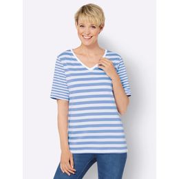 Kurzarmshirt Classic Basics "Kurzarm-Shirt", Damen, Gr. 38, blau (himmelblau, wei&szlig;, geringelt), 100% Baumwolle, gemustert, gestreift, mehrfarbig, V-Ausschnitt, Shirts