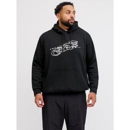 Jack & Jones PlusSize Kapuzensweatshirt "JCOFUSION BRANDING SWEAT HOOD PLS", Herren, Gr. 4XL, schwarz, angeraute Sweatware, Obermaterial: 70% Baumwolle, 30% Polyester, JACK & JONES PLUSSIZE, bedruckt, regular fit normal, Rundhals, Rippb&uuml;ndchen, Sweatshirts Kapuzensweatshirt