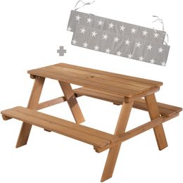 Kindersitzgruppe Roba "Picknick for 4 Outdoor +, Teakholz-Optik", teakholz, optik, Sitzm&ouml;bel-Sets, Kinder, B/H/T: 89cm x 50cm x 84,5cm, Kindersitzgarniturmit 2 Sitzauflagen, Massivholz, Kindersitzgruppe, mit abgerundeten Ecken; inklusive Sitzauflagen &Acirc;&raquo;Little Stars&Acirc;&laquo;, B:89cm H:50cm T:84,5cm
