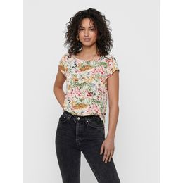 Shirtbluse Only "ONLVIC S/S AOP TOP NOOS PTM", Damen, Gr. 42, cloud dancer aop:blurry flower, Web, Obermaterial: 97% Polyester, 3% Elasthan, bedruckt, regular fit h&uuml;ftlang, Rundhals, Blusen Shirtbluse, mit Allover Druck