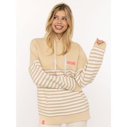 Hoodie Zwillingsherz "Moin Streifen", Damen, Gr. S/M, beige, Sweatware, Obermaterial: 50% Baumwolle, 50% Polyester, geringelt, mehrfarbig, comfort fit h&uuml;ftlang, ohne Ausschnitt, angesetztes B&uuml;ndchen, Sweatshirts Hoodie, Stickerei, Kapuze mit bedruckter Kordel, gestreift