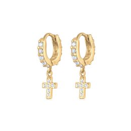 Paar Creolen Elli "Ohrringe Huggie Hoops Creolen Kreuz Zirkonia 925 Silber" Gr. 20, gold, Ohrringe, Damen, mit Stein, Silber 925 (Sterlingsilber), Paar Creolen