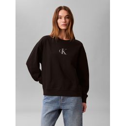 Sweatshirt Calvin Klein Jeans, Damen, Gr. S (38), schwarz, Sweatware, Obermaterial: 86% Baumwolle, 14% Polyester, unifarben, regular fit kurz, Rundhals, eingesetzt Rippstrickb&uuml;ndchen, Sweatshirts Sweatshirt, Regular fit mit Rundhalsausschnitt