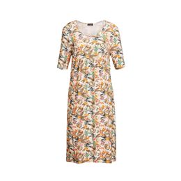 Druckkleid GOLDNER "Elastisches Jerseykleid mit modischem Druck", Damen, Gr. 52, N-Gr, wei&szlig; (wei&szlig;, bunt, gemustert), Obermaterial: 95% Viskose CV. 5% Elasthan EL., Casual, Gerade, Kleider Druckkleid, Applikation