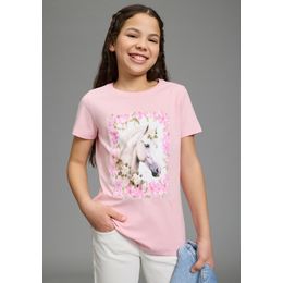 T-Shirt Kidsworld "S&uuml;&szlig;er Pferde-Fotodruck", M&auml;dchen, Gr. 92/98, rosa, Single Jersey, Obermaterial: 100% Baumwolle, bedruckt, Basic, Rundhals, Shirts T-Shirt, f&uuml;r M&auml;dchen, Kurzarm, mit Rundhalsausschnitt, mit coolem Druck
