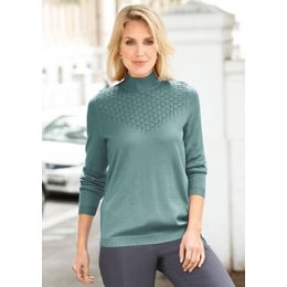 Rundhalspullover GOLDNER "Eleganter Ajourpullover mit Stehbund", Damen, Gr. 44, gr&uuml;n (graugr&uuml;n), Obermaterial: 100% Polyacryl PAN., eng, Pullover Rundhalspullover, aufwendiger Ajourstrick in Zopfoptik