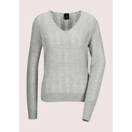 Madeleine Mode Longpullover MADELEINE "Kaschmirpullover Luxuri&ouml;ser Strickpullover mit Ajour-Muster", Damen, Gr. 44/46, grau (silbergrau, wollwei&szlig;, melange), Obermaterial: 100% Kaschmir WS., Modern, V-Ausschnitt, Pullover Longpullover, Allover Ajourmuster