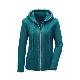 Kurzjacke GOLDNER "Kurzgr&ouml;&szlig;e bequeme Freizeitjacke mit Kapuze", Damen, Gr. 23, blau (dunkelt&uuml;rkis), Obermaterial: 68% Viskose CV. 27% Polyamid PA. 5% Elasthan EL., normales B&uuml;ndchen, Jacken Kurzjacke, Nylondetails