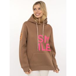Hoodie Zwillingsherz "Alissa", Damen, Gr. S/M, mittelbraun, Sweatware, Obermaterial: 50% Baumwolle, 50% Polyester, normal h&uuml;ftlang, hoch geschlossener Ausschnitt, B&uuml;ndchen, Sweatshirts Hoodie, Langarm, Kapuze, Neon-Details, Kordelzug, Frontprint, K&auml;ngurutasche
