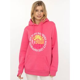 Hoodie Zwillingsherz "Love Yourslef", Damen, Gr. S/M, mittelpink, Sweatware, Obermaterial: 50% Baumwolle, 50% Polyester, normal normal, ohne Ausschnitt, angesetztes B&uuml;ndchen, Sweatshirts Hoodie, runde gro&szlig;e Frontstickerei, farbige Kordel, K&auml;ngurutasche