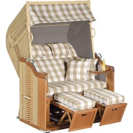 Strandkorb SUNNYSMART "Rustikal 255 Plus", beige (korpus: natur, beige bezug: beige, wei&szlig;), B:125cm H:160cm T:90cm, Strandk&ouml;rbe, Strandkorb, 2-Sitzer, komplett montiert, Oberkorb in einem St&uuml;ck geflochten
