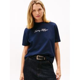 Kurzarmshirt Tommy Hilfiger "GOLD BTN SCRIPT MDRN SS TEE", Damen, Gr. XXXL(46), schwarz night navy, Single Jersey, Obermaterial: 100% Baumwolle, bedruckt, regular fit, Rundhals, Shirts, mit goldfarbenen Kn&ouml;pfen