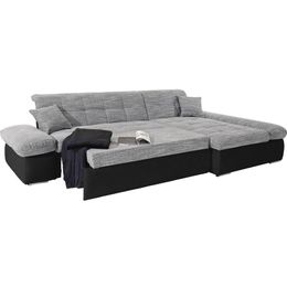 DOMO collection "Moric, L-Form, XXL-Sofa - Breite 300cm, viel Platz, auch in Cord" wahlweise mit Bettfunktion und Armteilverstellung, schwarz-wei&szlig;-grau