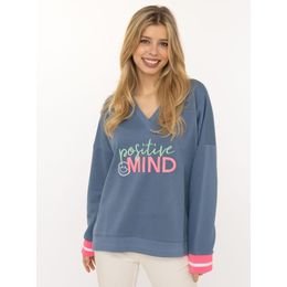 Hoodie Zwillingsherz "Positive Mind", Damen, Gr. L/XL, jeans, Sweatware, Obermaterial: 50% Baumwolle, 50% Polyester, bequem h&uuml;ftlang, V-Ausschnitt, Sweatshirts Hoodie, neonfarbenen B&uuml;ndchen, V-Ausschnitt, Seitenschlitze, Langarm