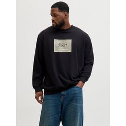 Jack & Jones PlusSize Sweatshirt "JJRAIN SWEAT CREWNECK PLS", Herren, Gr. 4XL, schwarz, angeraute Sweatware, Obermaterial: 100% Baumwolle, JACK & JONES PLUSSIZE, bedruckt, regular fit, Rundhals, Rippb&uuml;ndchen, Sweatshirts Sweatshirt