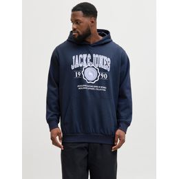Jack & Jones PlusSize Kapuzensweatshirt "JJMAKO SWEAT HOOD PLS", Herren, Gr. 4XL, stormy weather, angeraute Sweatware, Obermaterial: 60% Baumwolle, 40% Polyester, JACK & JONES PLUSSIZE, bedruckt, relaxed fit normal, Rippb&uuml;ndchen, Sweatshirts