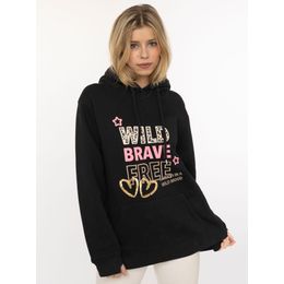 Hoodie Zwillingsherz "Wild Brave Free", Damen, Gr. L/XL, schwarz, Sweatware, Obermaterial: 50% Baumwolle, 50% Polyester, bedruckt, bestickt, unifarben, bequem h&uuml;ftbedeckend, ohne Ausschnitt, angesetztes B&uuml;ndchen, Sweatshirts Hoodie, gestickter Schriftzug, mit Pailletten, Leomuster, Fronttasche, Kapuze