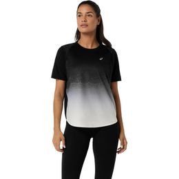 Laufshirt asics "ROAD FADE SS TOP", Damen, Gr. XL, performance schwarz, cream, Obermaterial: 100% Polyester, Shirts Laufshirt, f&uuml;r verschiedene Jahreszeiten, mit Grafik-Print, mit Mesh-Eins&auml;tzen