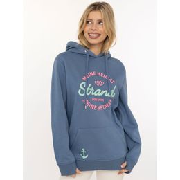 Hoodie Zwillingsherz "Meine Heimat", Damen, Gr. S/M, jeans, Sweatware, Obermaterial: 50% Baumwolle, 50% Polyester, normal normal, ohne Ausschnitt, angesetztes B&uuml;ndchen, Sweatshirts Hoodie, mit aufgesticktem "Strand"-Schriftzug vorne und hinten