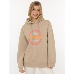 Hoodie Zwillingsherz "Good Vibes", Damen, Gr. S/M, greige, Sweatware, Obermaterial: 50% Baumwolle, 50% Polyester, normal h&uuml;ftbedeckend, V-Ausschnitt, Sweatshirts Hoodie, gestickter Schriftzug, Kapuze, Langarm, K&auml;ngurutasche, Kordelzug