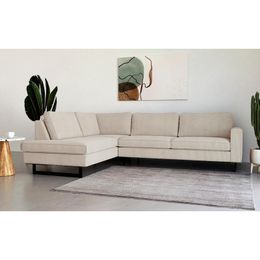 Home Affaire Ecksofa &raquo;Pinto, 290 cm, Cord, Chenille, Lederoptik, Ottomane links / rechts&laquo; mit Keder, schwarze Metallf&uuml;&szlig;e, Wellenunterfederung beige 92