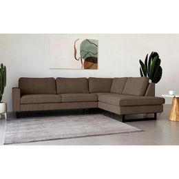 Home Affaire Ecksofa &raquo;Pinto, 290 cm, Cord, Chenille, Lederoptik, Ottomane links / rechts&laquo; mit Keder, schwarze Metallf&uuml;&szlig;e, Wellenunterfederung braun 92