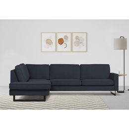 Home Affaire Ecksofa &raquo;Pinto, 290 cm, Cord, Chenille, Lederoptik, Ottomane links / rechts&laquo; mit Keder, schwarze Metallf&uuml;&szlig;e, Wellenunterfederung blau 