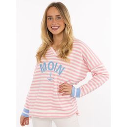 Zwillingsherz Damen Hoodie &raquo;"Streifen Moin"&laquo;, V-Neck, gestreift, Stickerei mit Anker, gestreifte B&uuml;ndchen L/XL