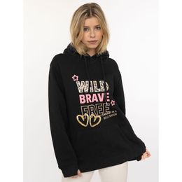 Zwillingsherz Damen Hoodie &raquo;"Wild Brave Free"&laquo;, gestickter Schriftzug, mit Pailletten, Leomuster, Fronttasche, Kapuze S/M