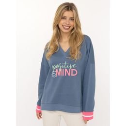 Zwillingsherz Damen Hoodie &raquo;"Positive Mind"&laquo;, neonfarbenen B&uuml;ndchen, V-Ausschnitt, Seitenschlitze, Langarm S/M