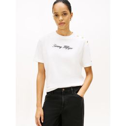 Tommy Hilfiger Damen Kurzarmshirt &raquo;GOLD BTN SCRIPT MDRN SS TEE&laquo; mit goldfarbenen Kn&ouml;pfen S (36)