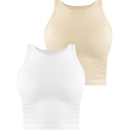 Janice 2 x Damen crop Top hochgeschlossen Niah in Beige/Wei&szlig; | Gr.: M/L