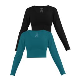 Janice 2 x Damen crop Langarmshirt Nerja in Petrol/Schwarz | Gr.: XS/S