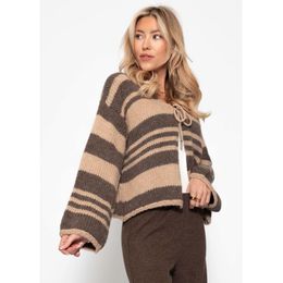 SASSYCLASSY Bunt gestreifte Strickjacke mit Schleifenverschluss in Braun | Gr.: L